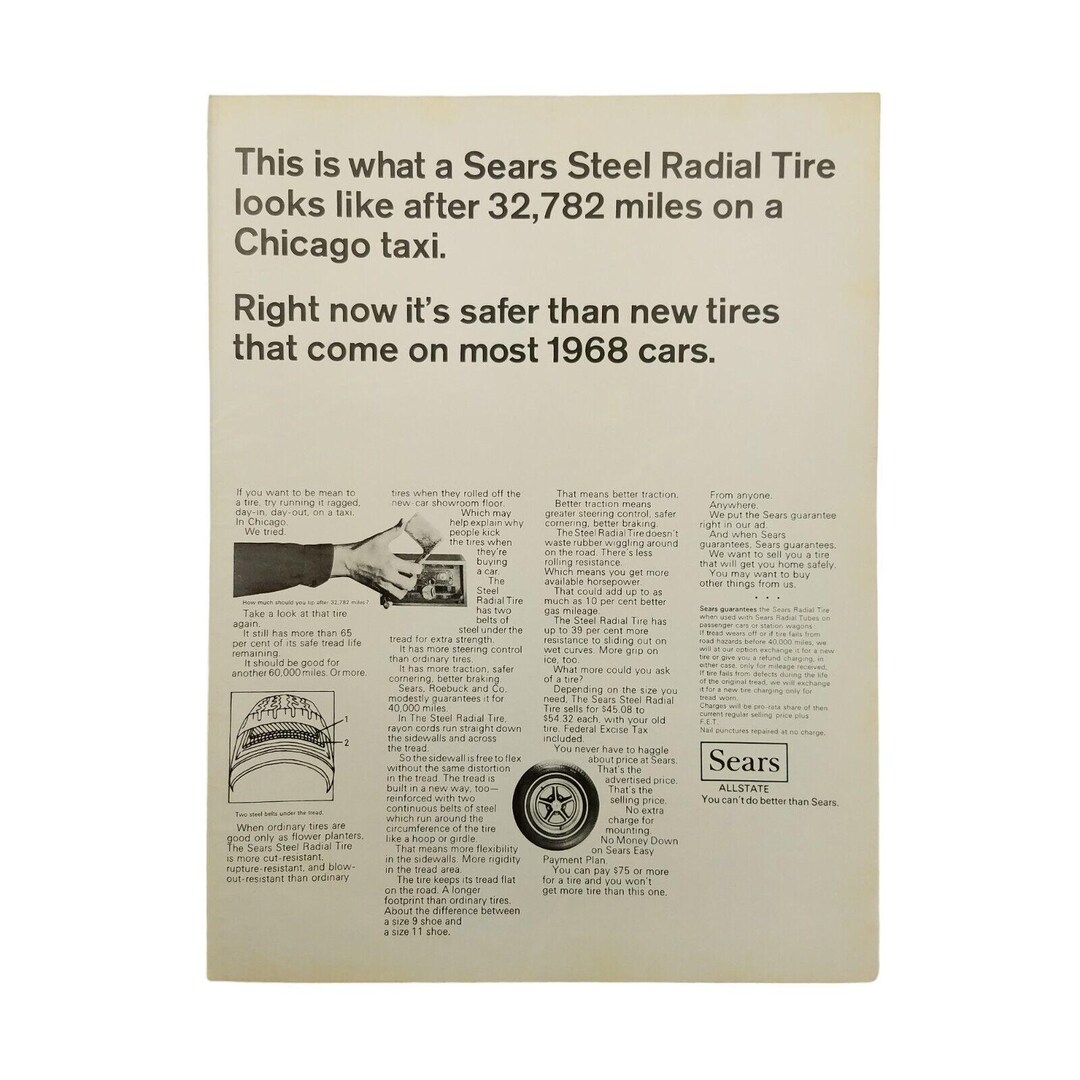 1968 Sears Steel Radial Tire Vintage Print Ad Safer Than Tires Come on ...