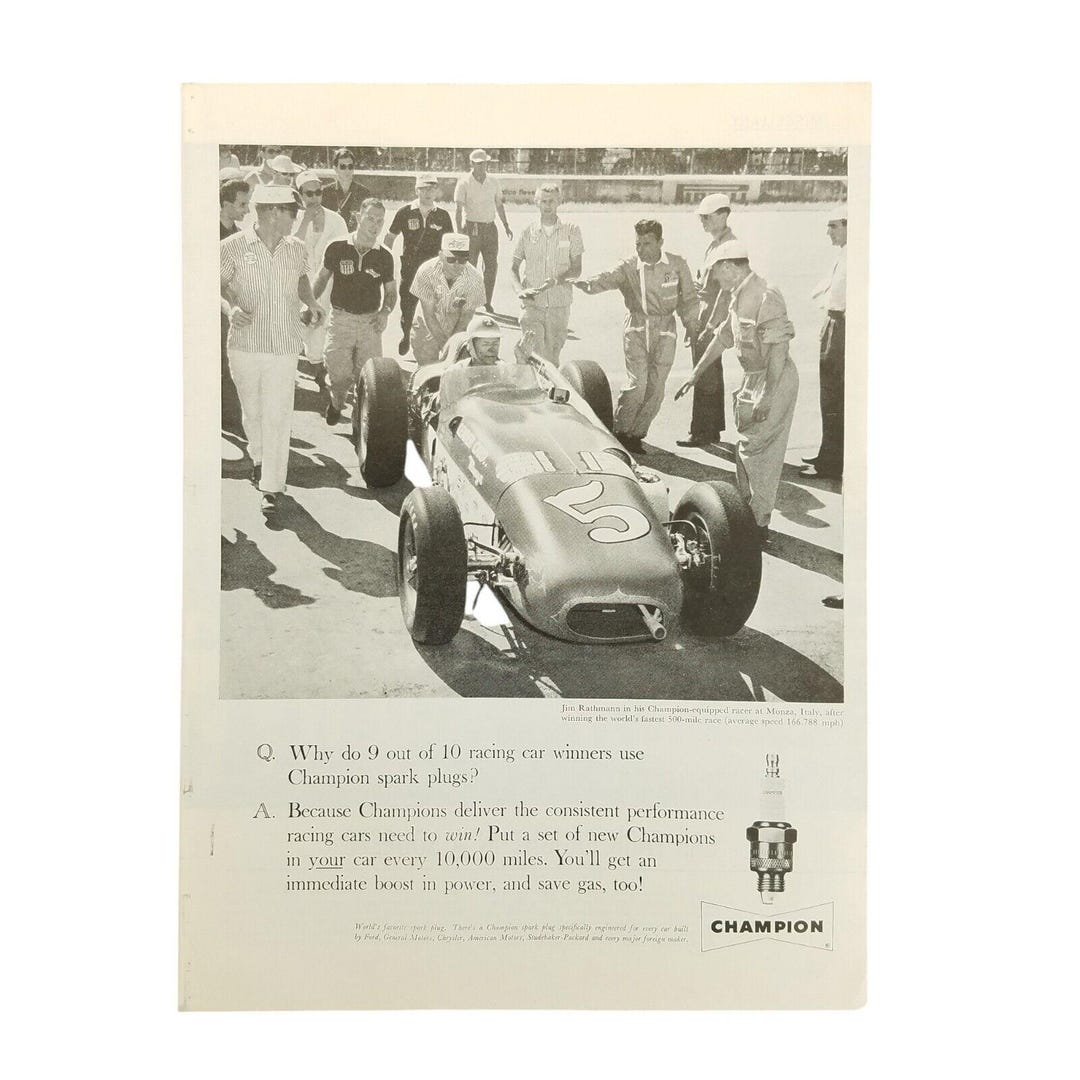 1959 Champion Spark Plugs Vintage Print Ad Jim Rathmann at Monza Italy ...