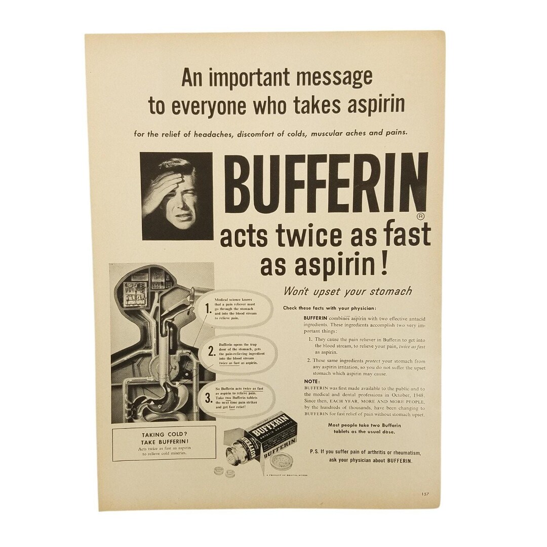 1954 Bufferin Vintage Print Ad Pain Relief Acts Twice as Fast as ...