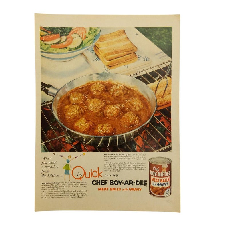 1954 Chef Boy-ar-dee Meatballs With Gravy Vintage Print Ad Quick Pure Beef - Etsy