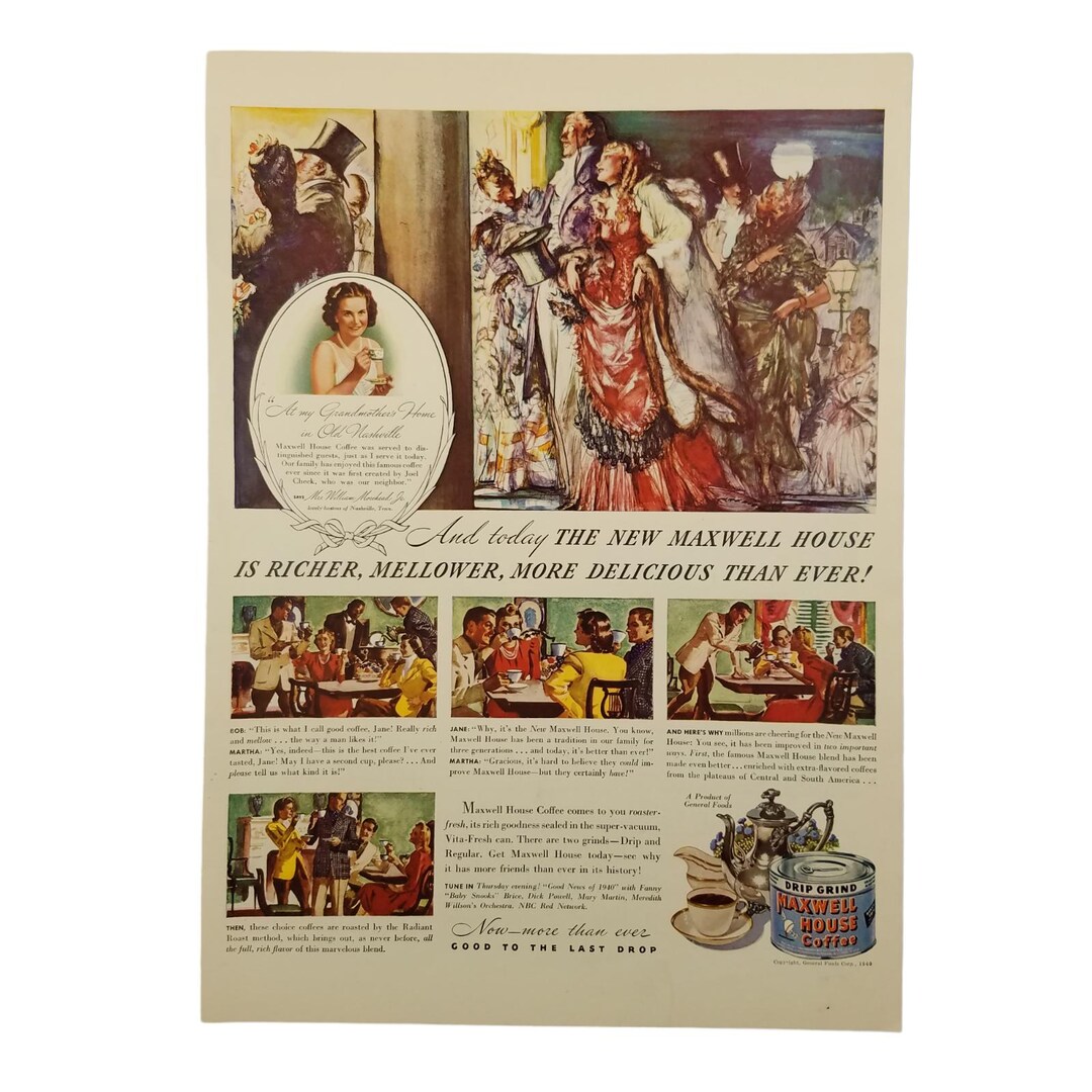 1940 Maxwell House Coffee Vintage Print Ad Good to the Last Drop Served ...
