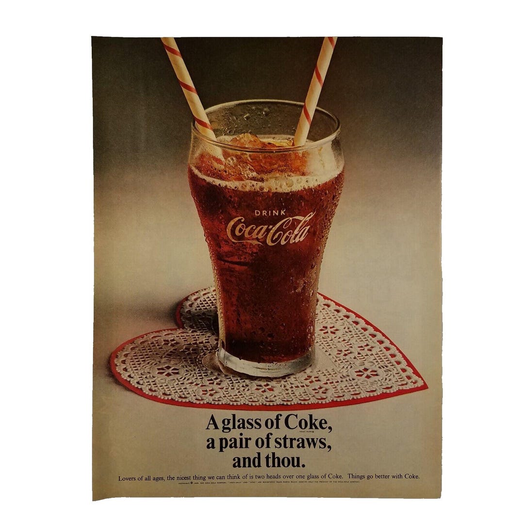 1969 Coca Cola Vintage Print Ad A Glass of Coke A Pair of Straws and ...