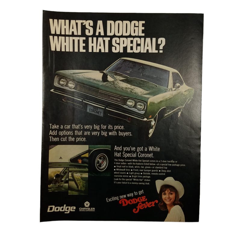 1969 Dodge Coronet Vintage Print Ad Whats A Dodge White Hat Special - Etsy