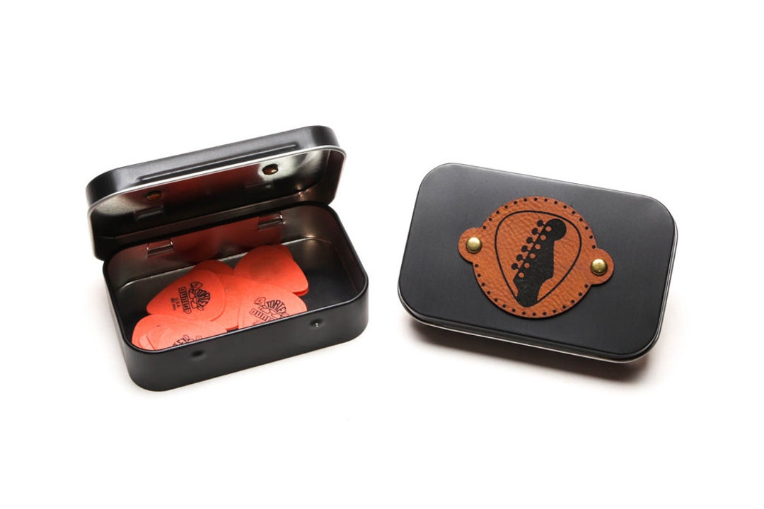 Deluxe Pick Tin With Leatherette Badge - Guitar Headstock - Etsy