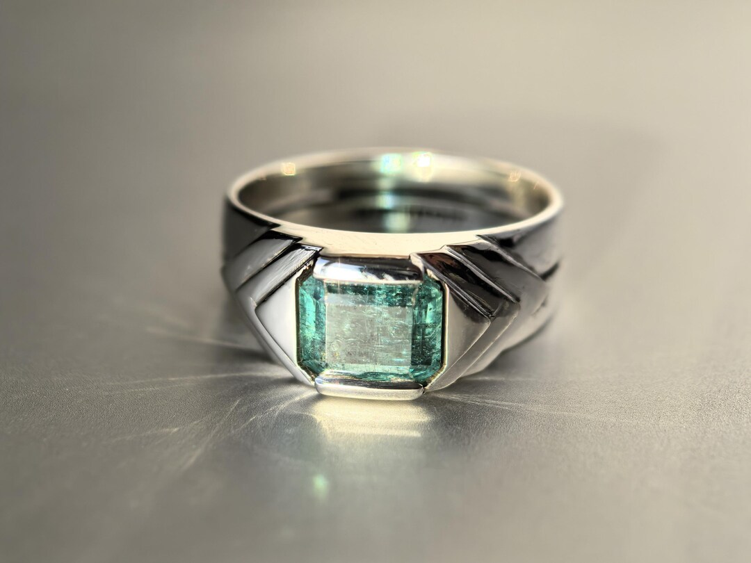 2.79ct Natural Colombian Emerald Men's Ring - 925 Sterling Silver Solitaire Green Gemstone Ring ...