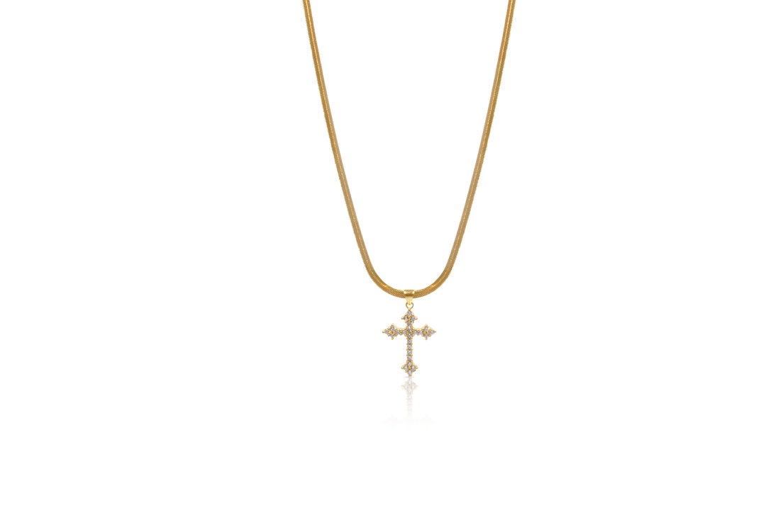 Gold Herringbone Cross Necklace, 18K Gold Plated Jewelry, Minimalist ...