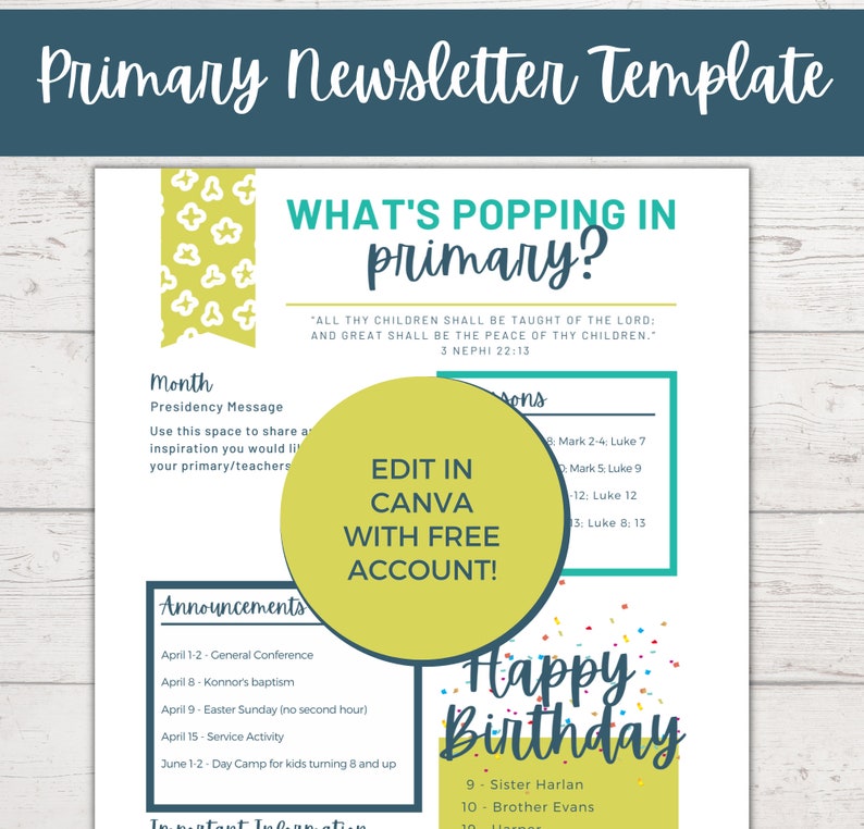 LDS Primary Newsletter Template - Etsy