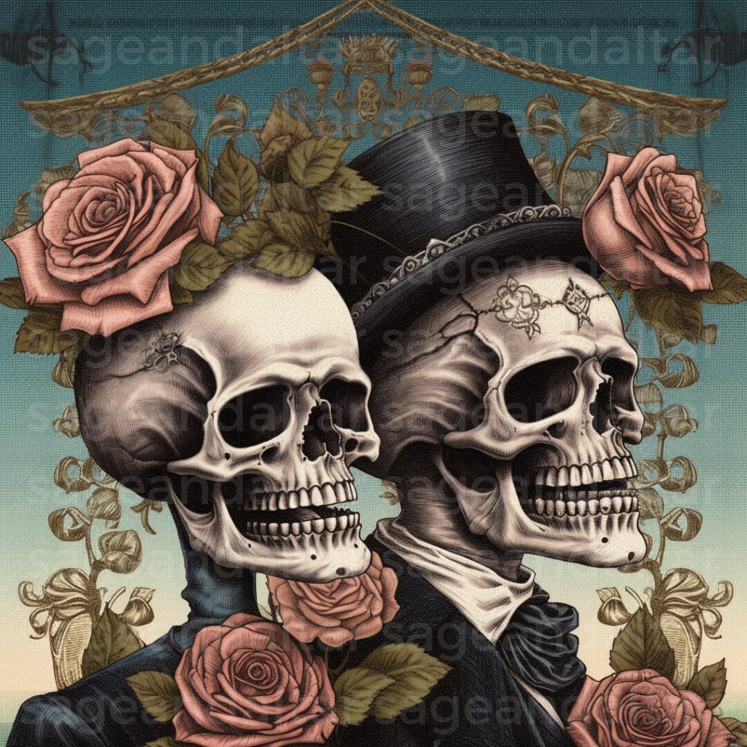 6 Gothic Skeleton Couple Floral Roses Romance is Dead Zip File Digital ...