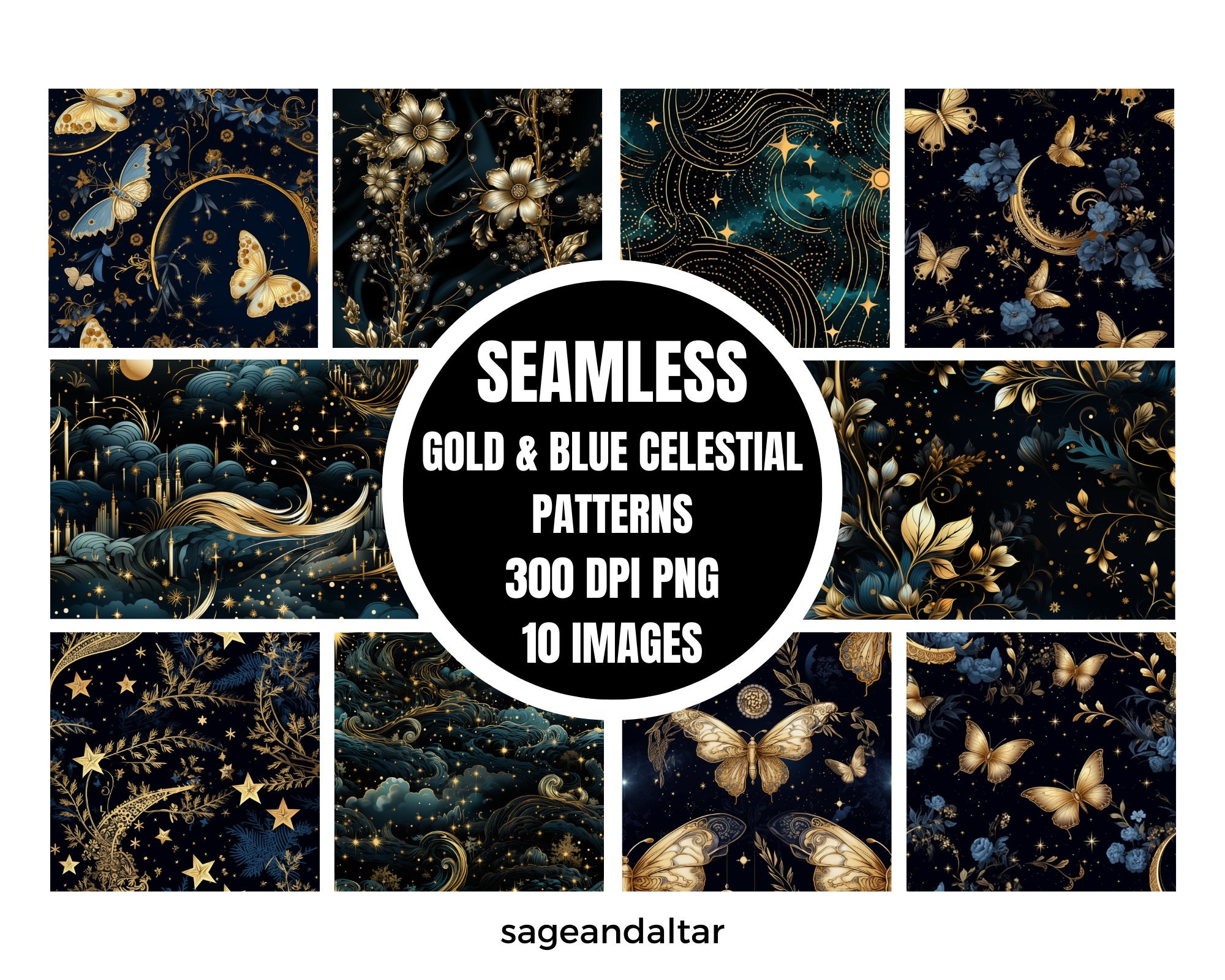 10 Seamless Blue & Gold Celestial Pattern Textures Zip File Digital ...