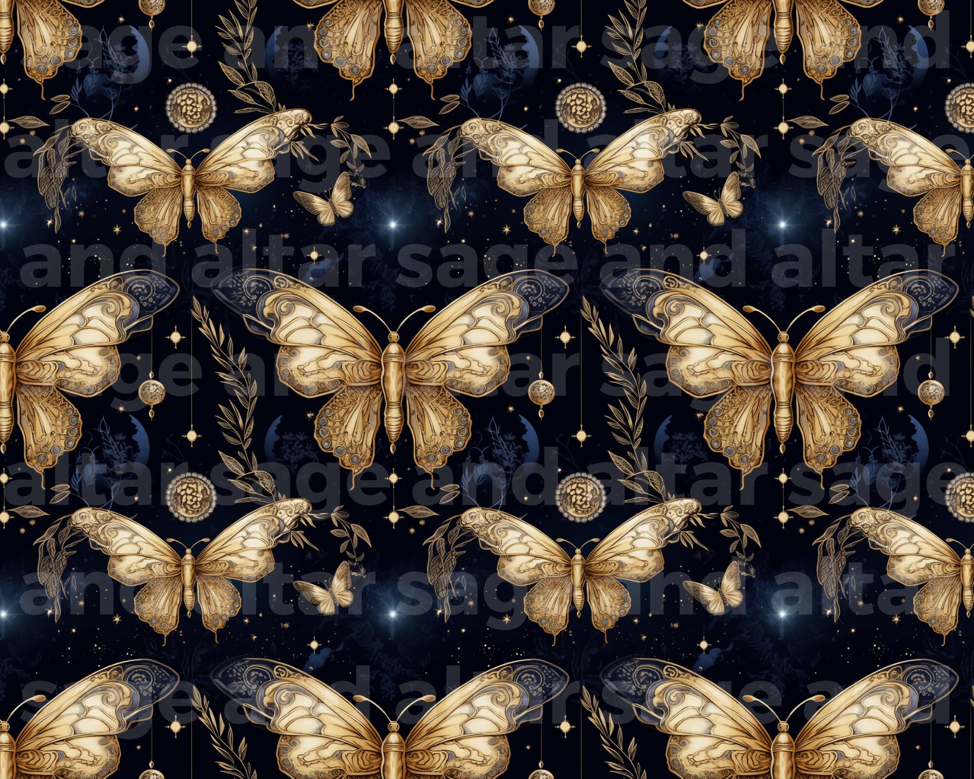 10 Seamless Blue & Gold Celestial Pattern Textures Zip File Digital Transfer Downloads Bundle ...