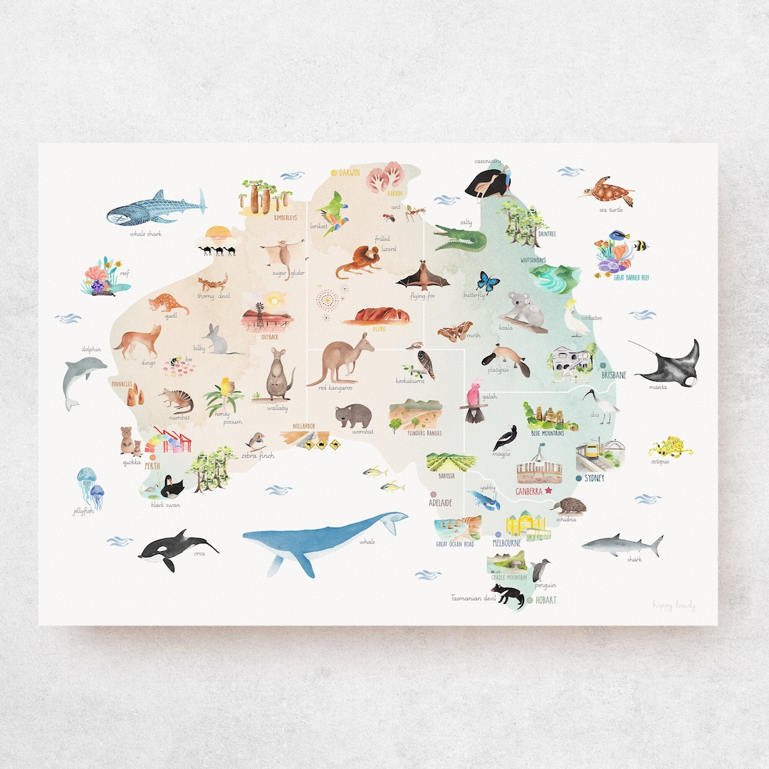 AUSTRALIA MAP - Australian Native Animal Print, Nursery Map Wall Art ...