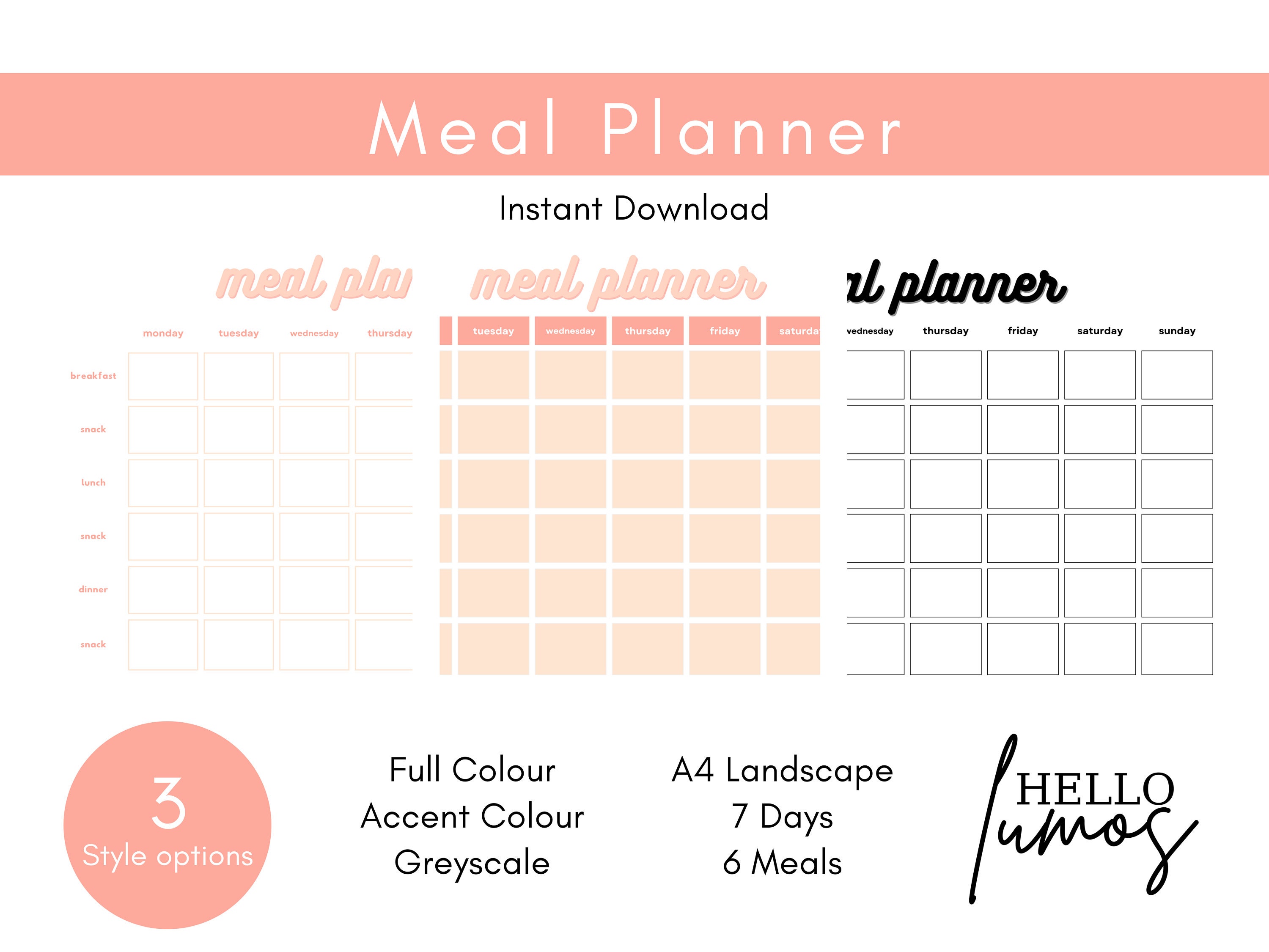 Weekly Meal Planner Printable - 6 Meals per Day, Meal Tracker, Menu ...
