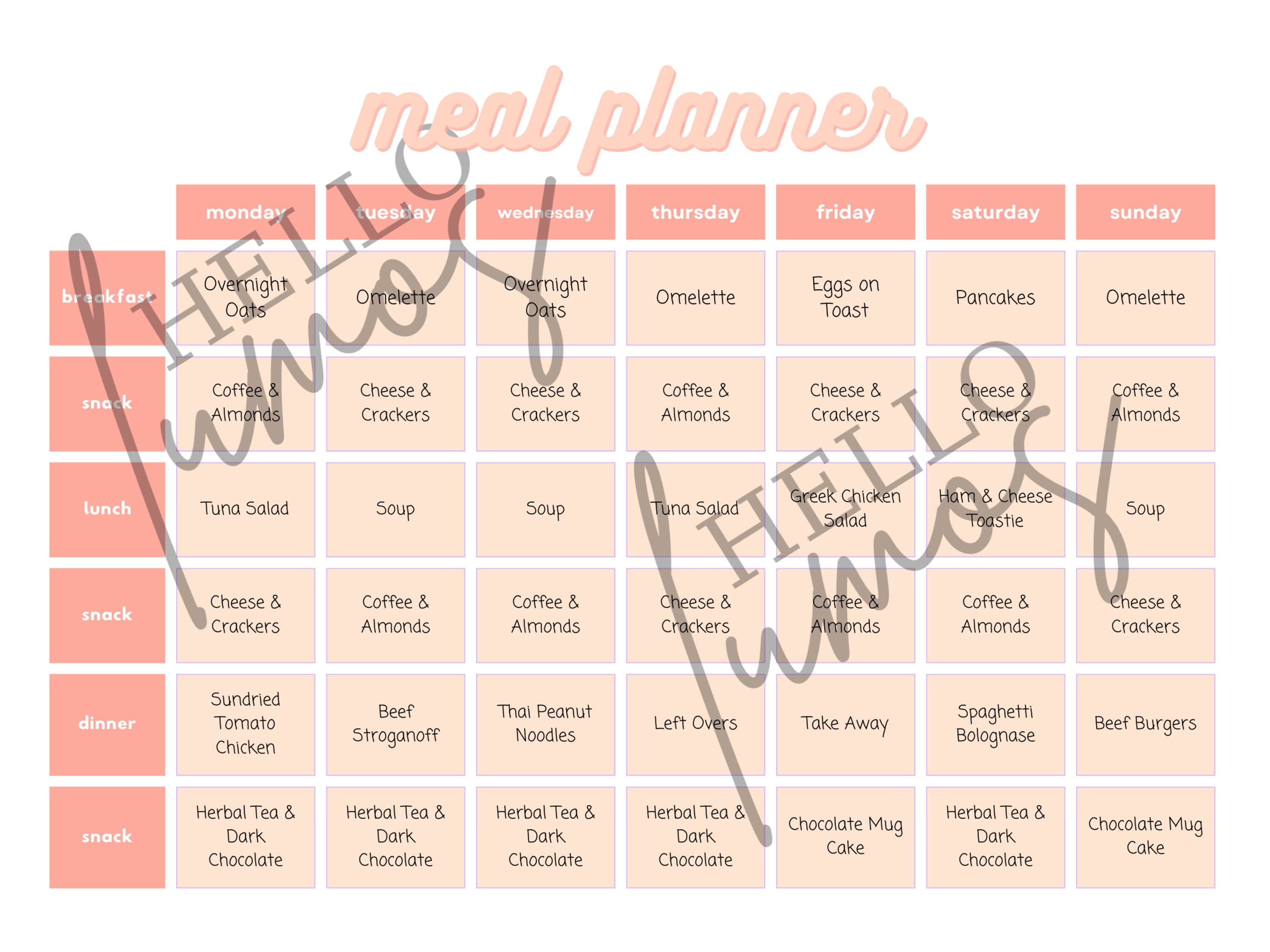 Weekly Meal Planner Printable - 6 Meals per Day, Meal Tracker, Menu ...