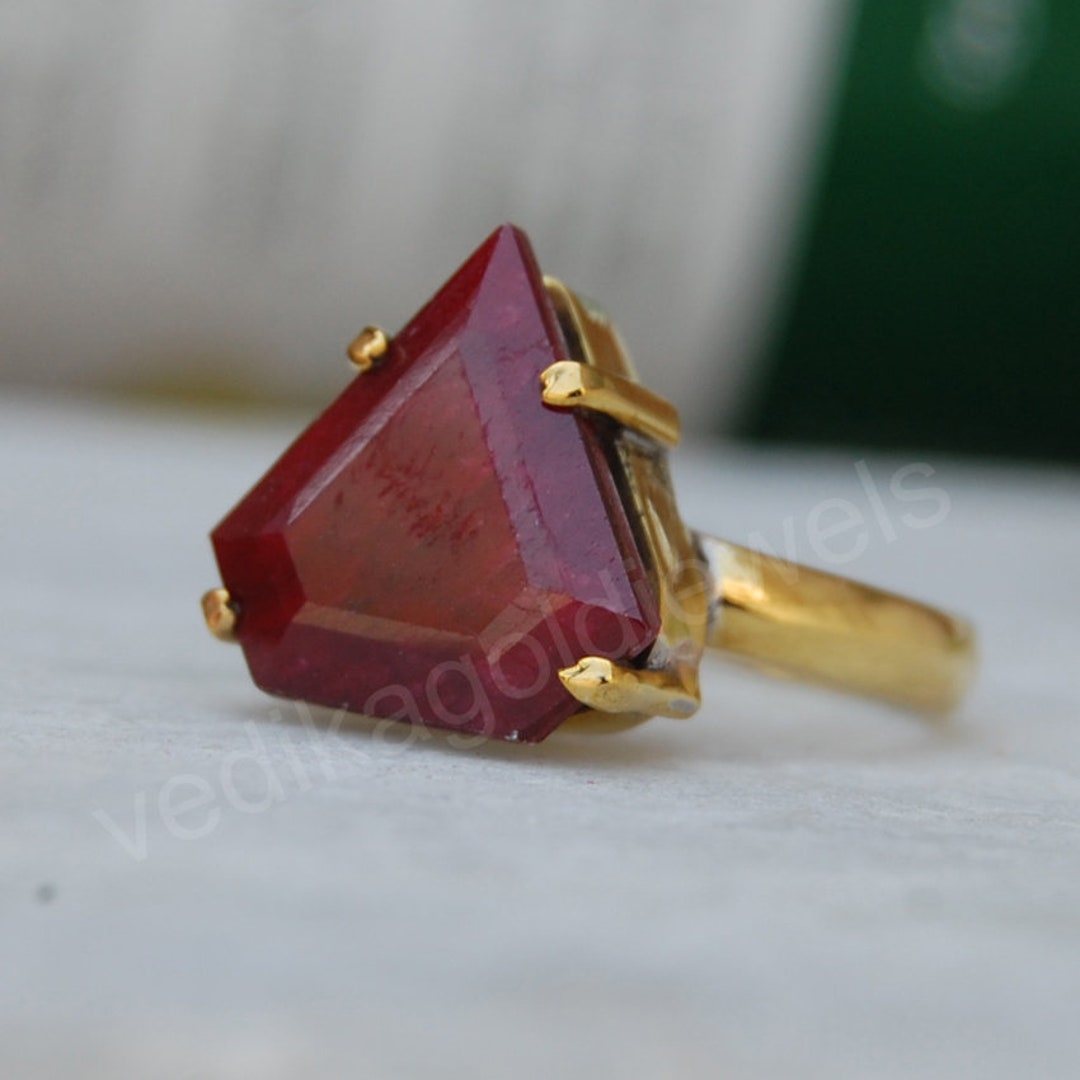 Diamond Shape Faceted Raw Rich Red Ruby Gemstone 925 Sterling Silver ...