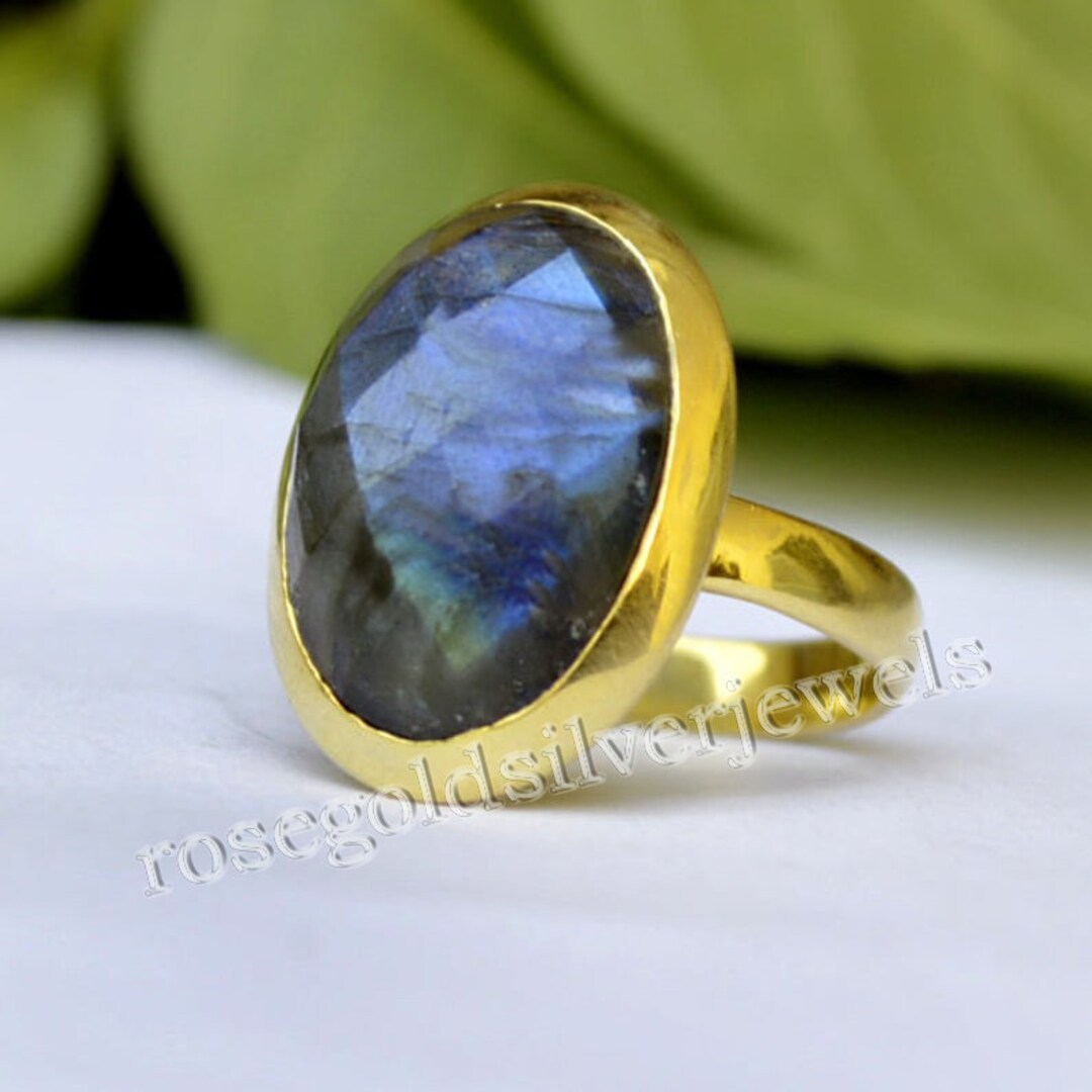 Oval Faceted Blue Fire Labradorite Gemstone 925 Sterling Silver Ring ...