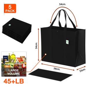 Reusable Grocery Bags 5 Pack, Black Hold 50 Lbs Extra Large & Super ...