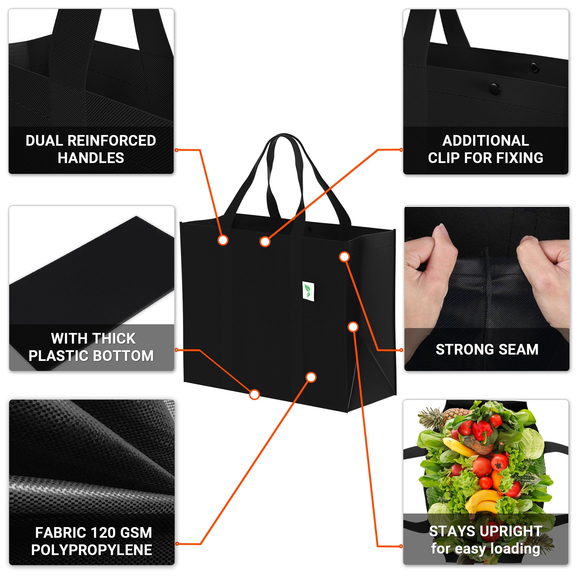 Reusable Grocery Bags 5 Pack, Black Hold 50 Lbs Extra Large & Super ...