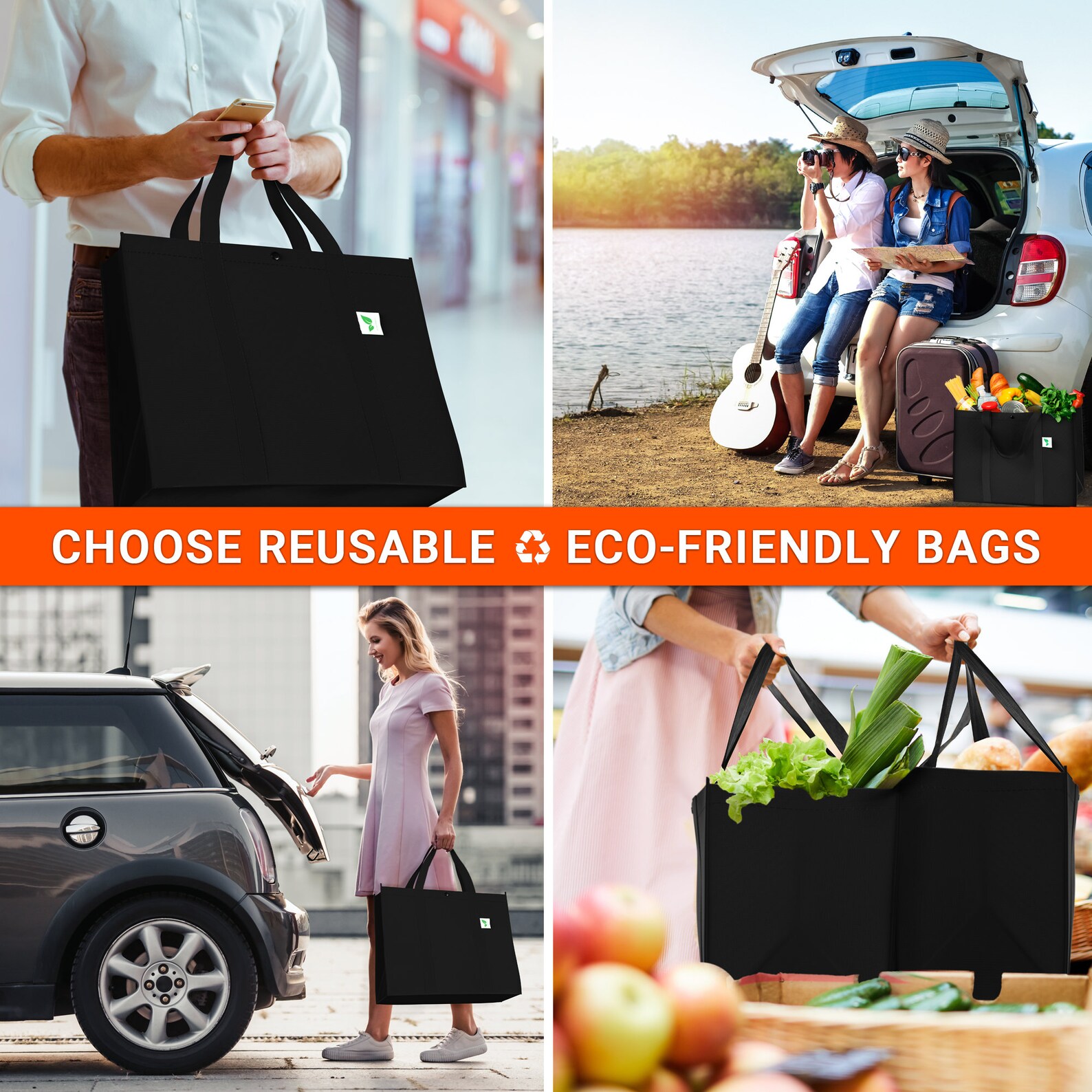 Reusable Grocery Bags 5 Pack, Black Hold 50 Lbs Extra Large & Super ...