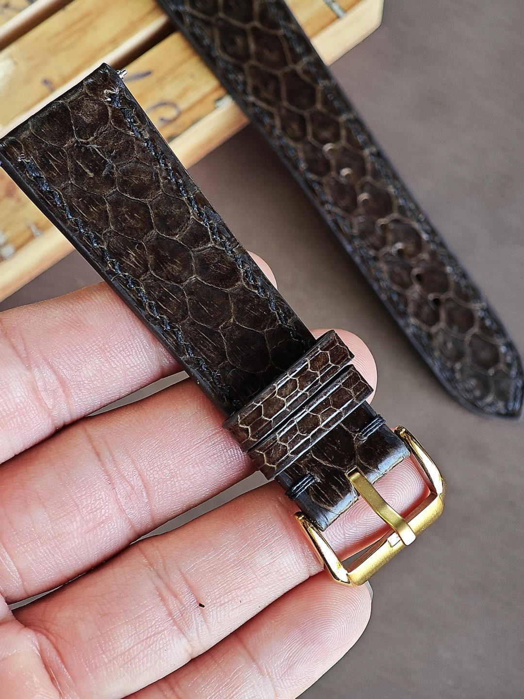 Dark Brown Snake Sea Leather Watch Strap: Handmade Quick Release Watch ...