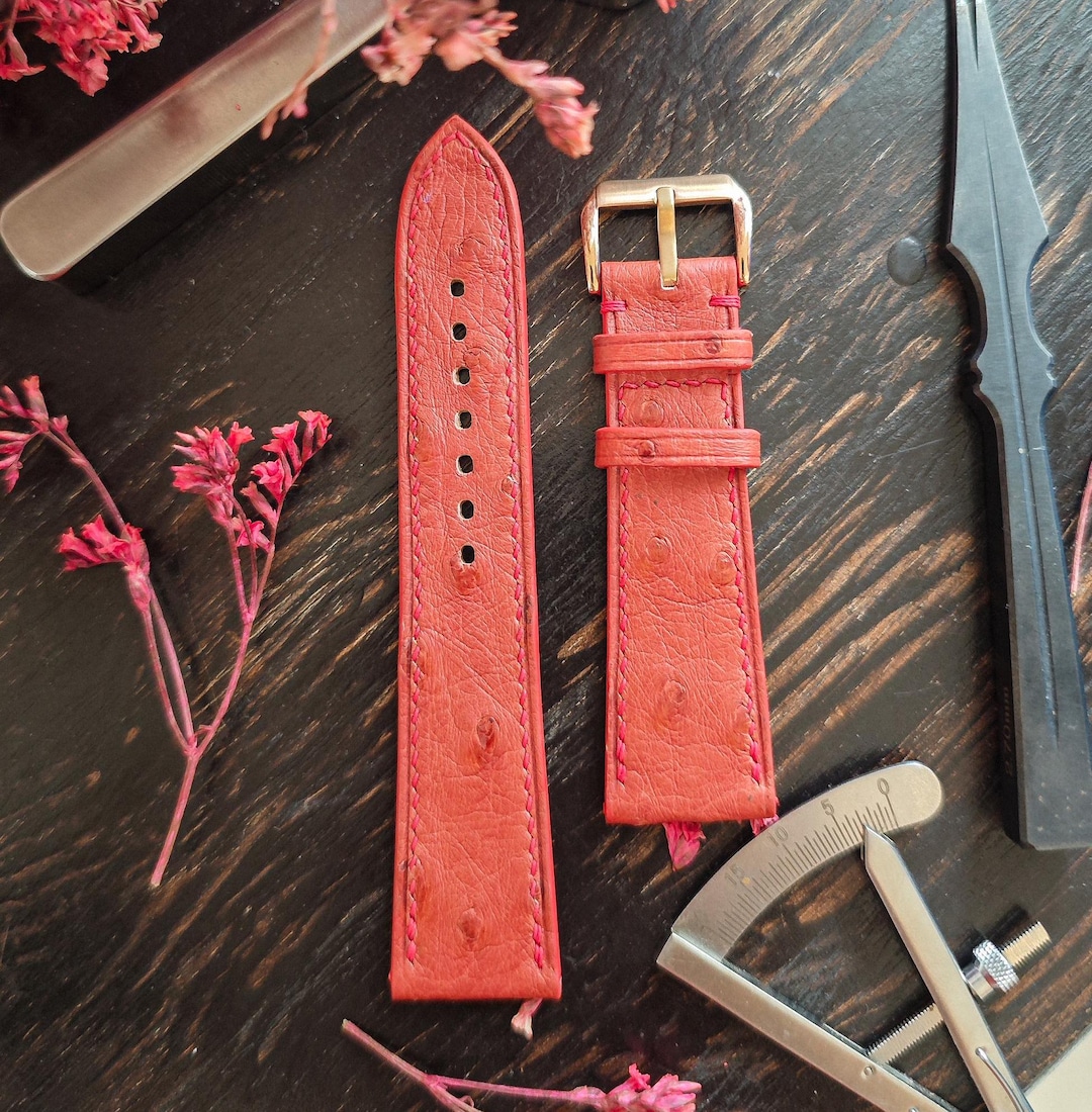 Handcrafted Coral Pink Ostrich Leather Strap Bands for Men and Women ...