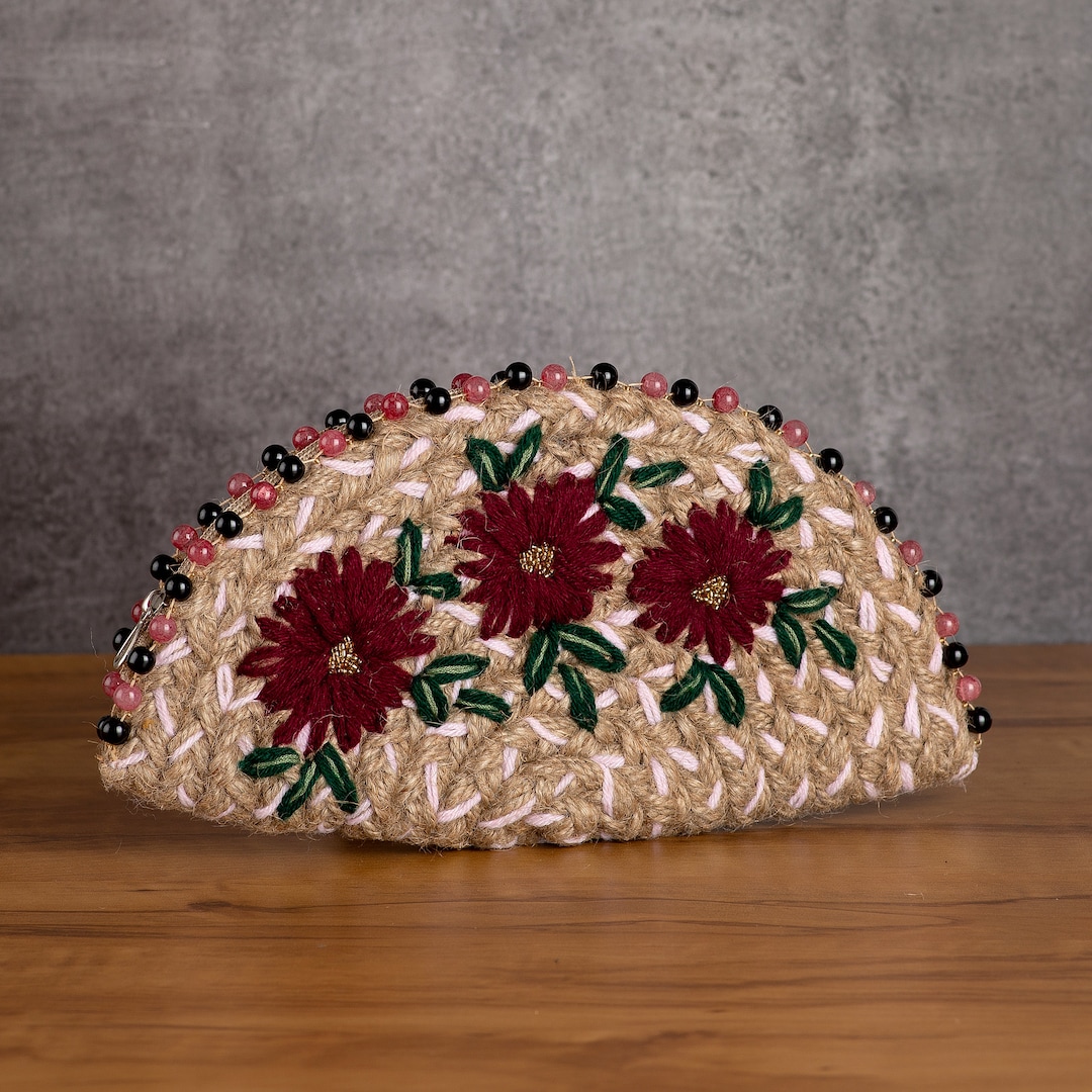 Handcrafted Half Moon Jute Hand Clutch With Hand Embroidery Work ...
