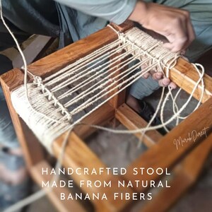 Handmade Banana Fiber and Acacia Wood Square Stool - Eco-friendly ...