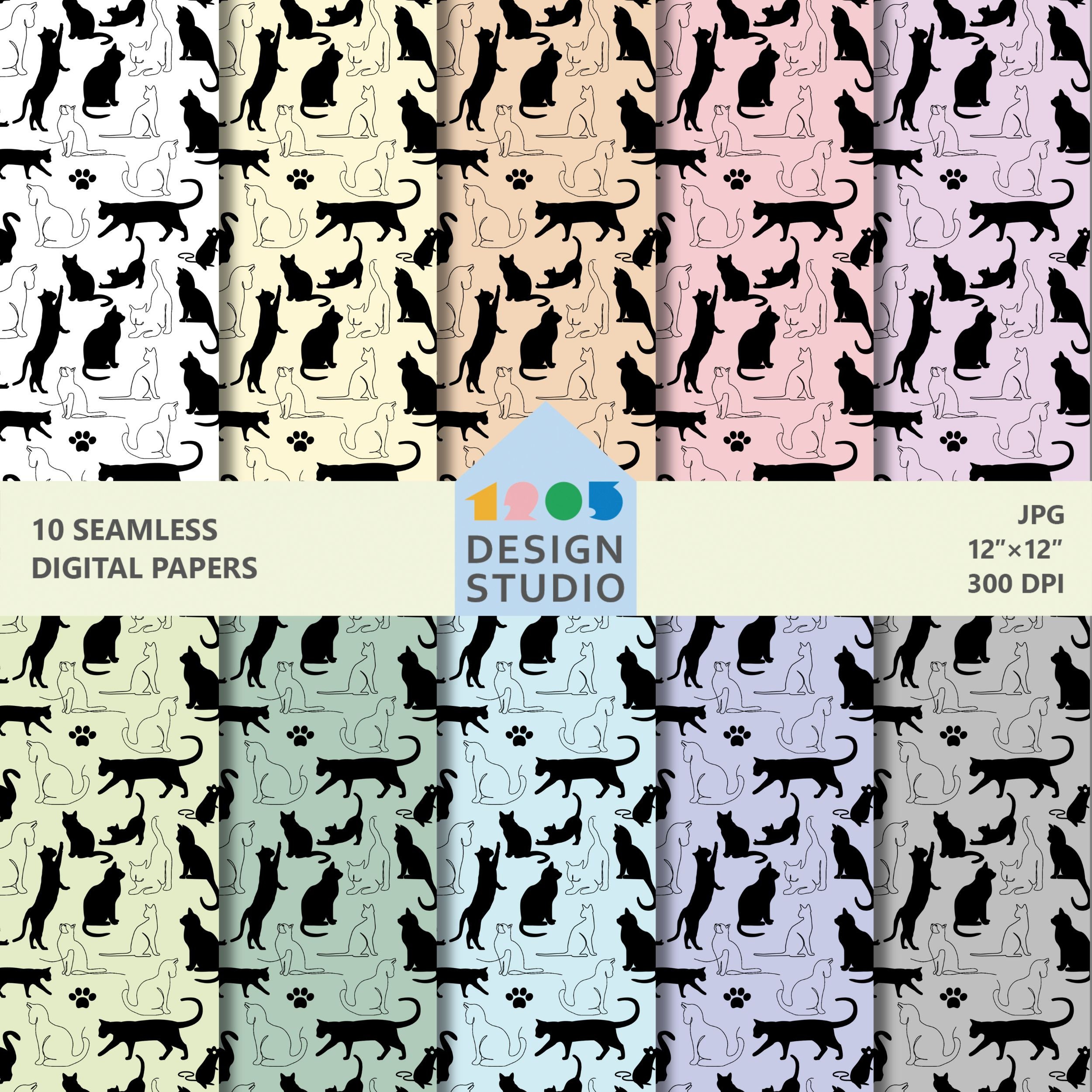 Cat Digital Paper, Kitty Hand Drawn Seamless Pattern, Kitten Graphic ...