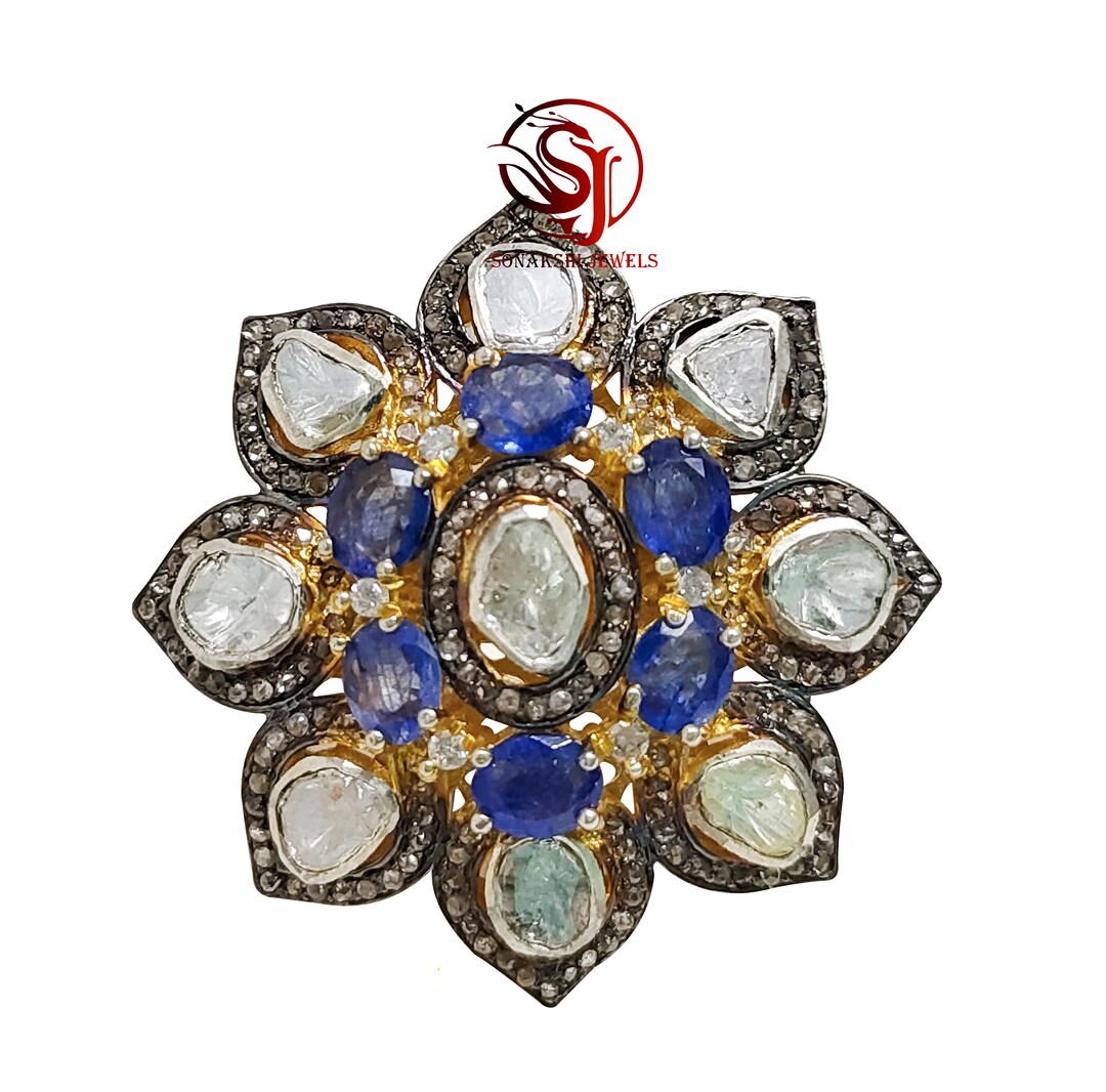 Handmade Victorian Style Polki Diamond & Blue Sapphire Ring: Sterling ...