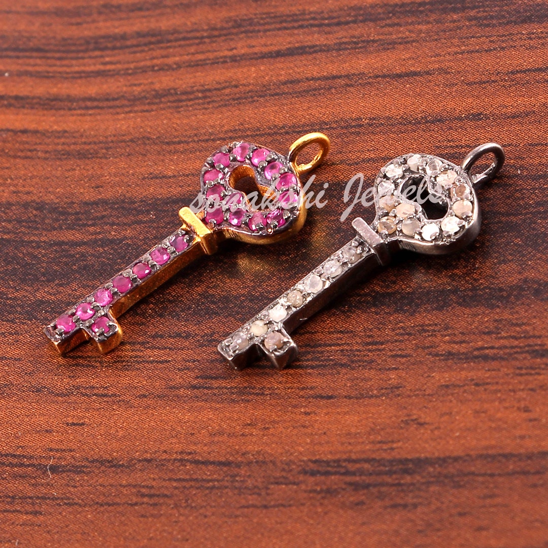 Key Pave Diamond and Ruby Gemstone Key Shape Pendant 925 Sterling ...
