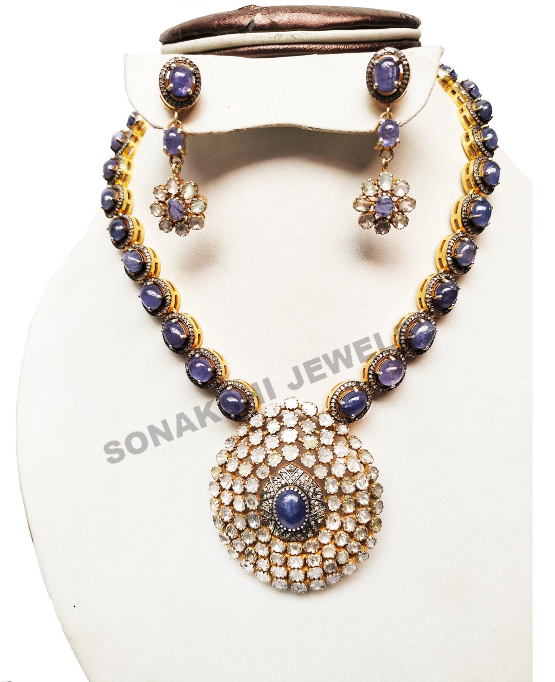 Blue Sapphire Polki Diamond Necklace Earring Set: Sterling Silver ...