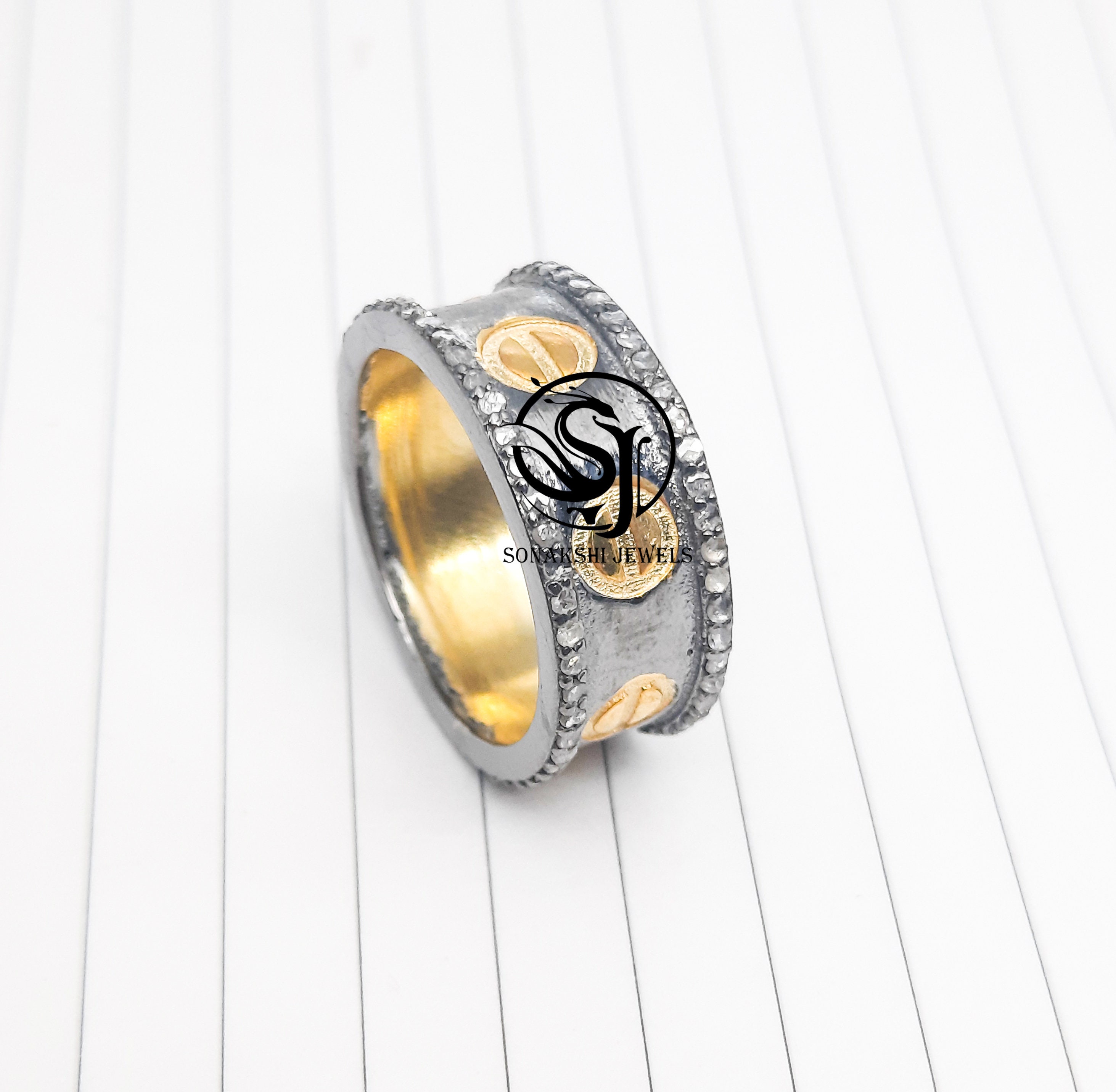 Pave Diamond Ring Cigar Band Ring Rose Cut Diamond Band 925 - Etsy España