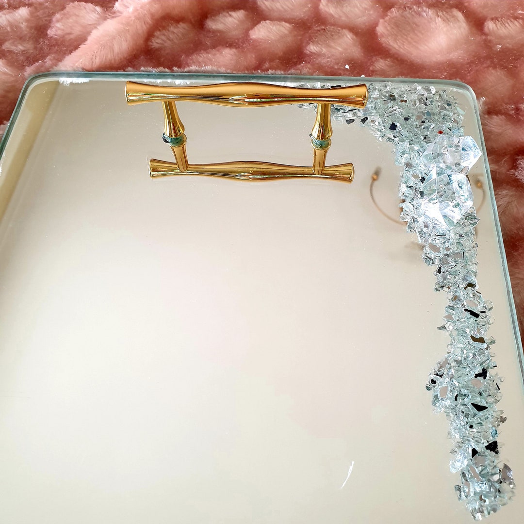 Decorative Tray for Coffee Table, Mirror Tray With Crystals and Gold ...