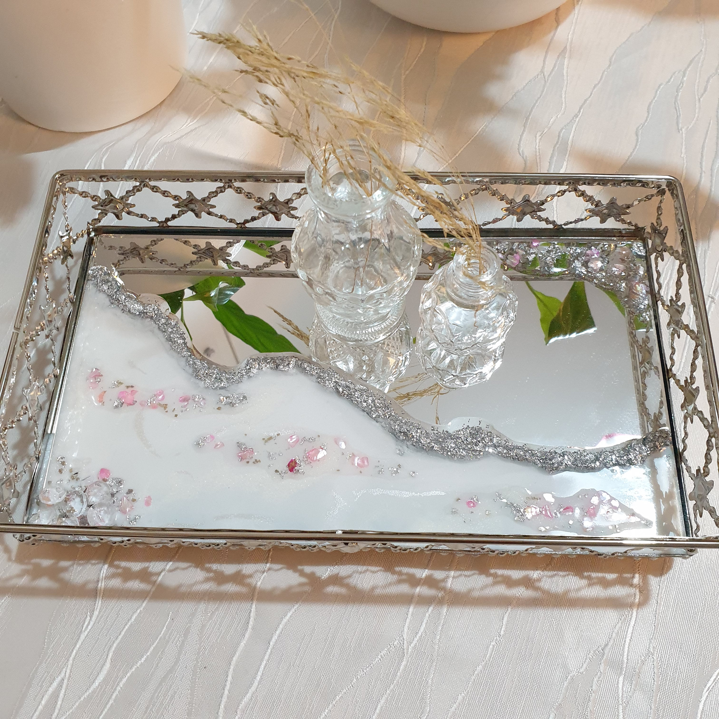 Silver Mirror Tray for Coffee Table in White Color Decorative With ...