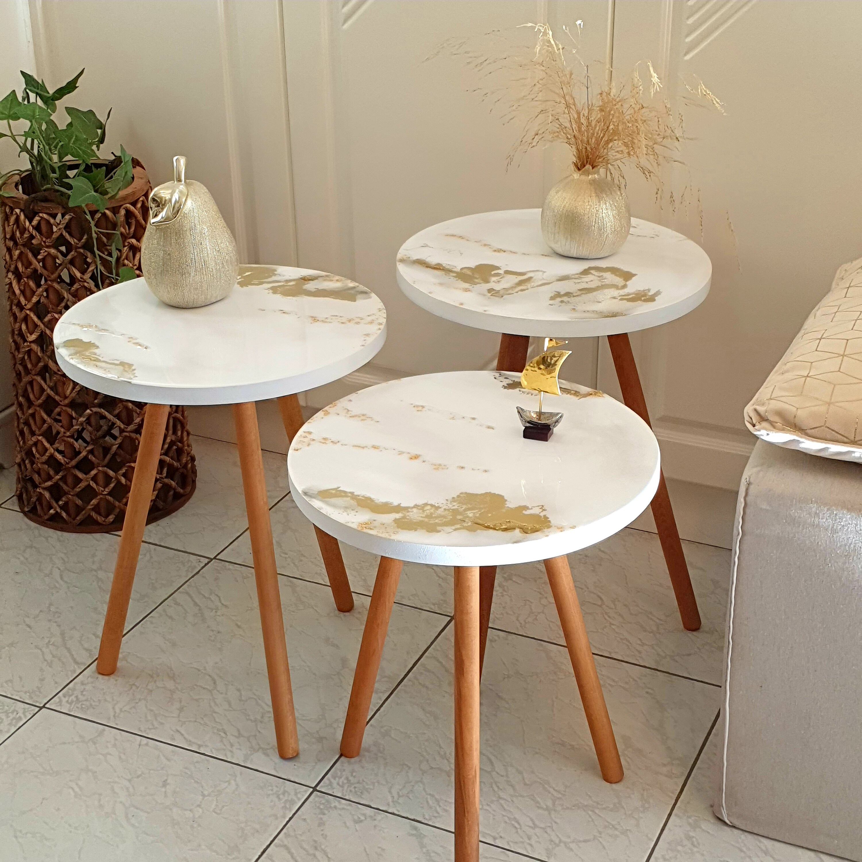 Round Coffee Tables Set of 3, Marble Resin Tables White With Gold ...