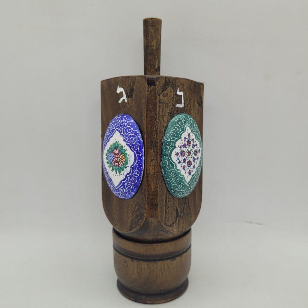 Handmade Hanukah Huge Dreidel Wood Enameled Oval Floral Enameled ...
