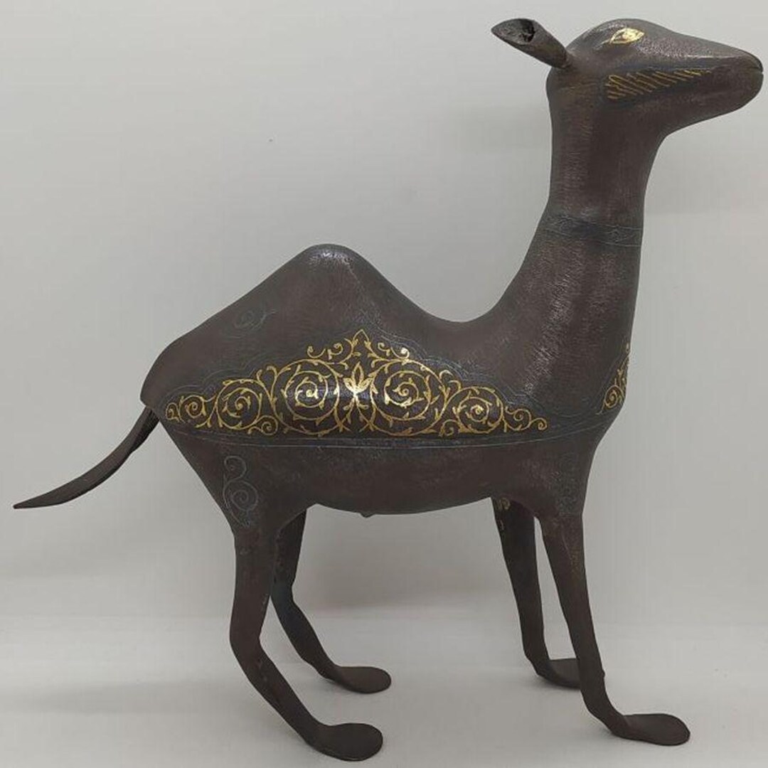 An Antique Safavid Iron Camel With Pure Silver and 24 Carat Gold Inlaid ...