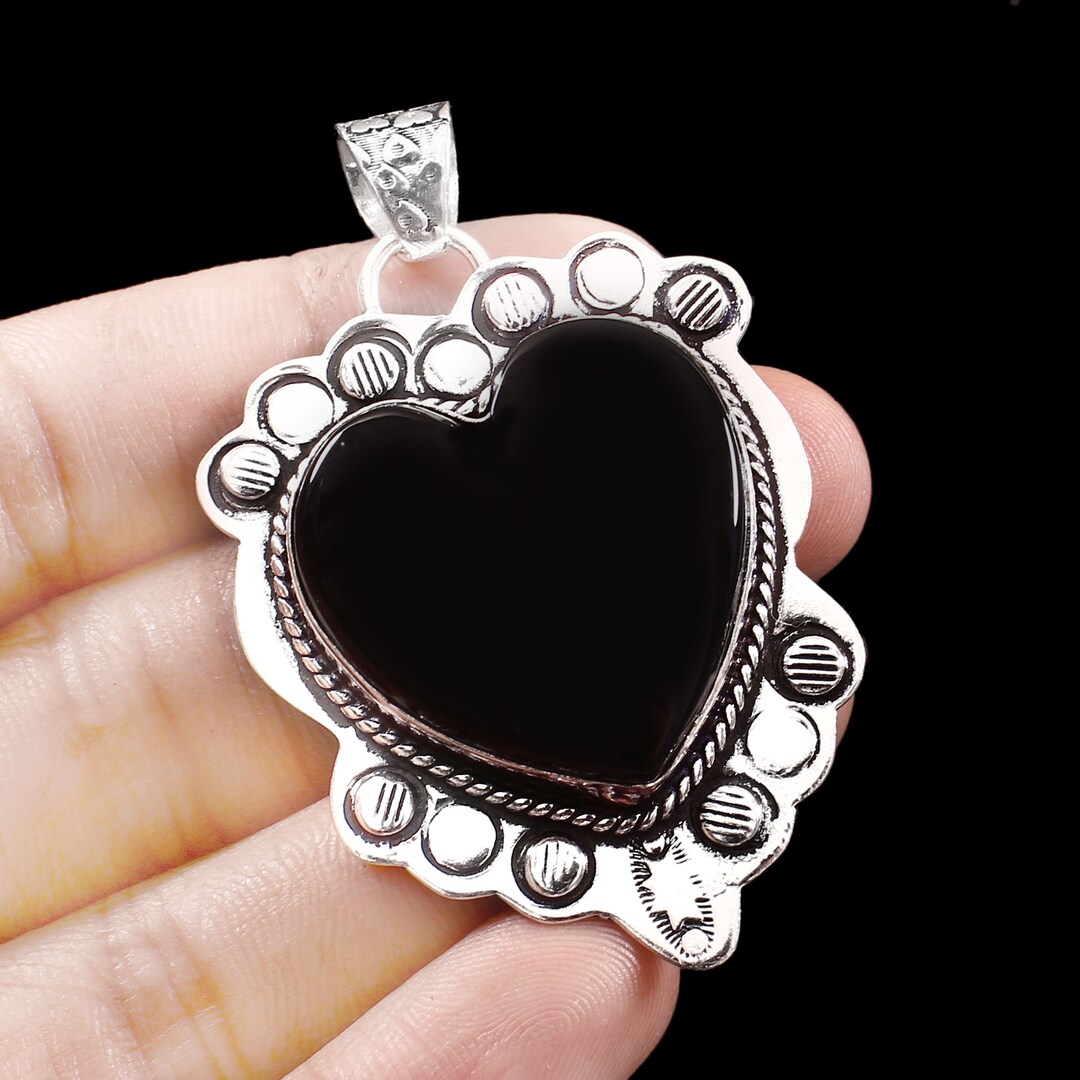 Black Onyx Pendant Onyx Heart Shape Pendant 925 Sterling Silver Pendant ...
