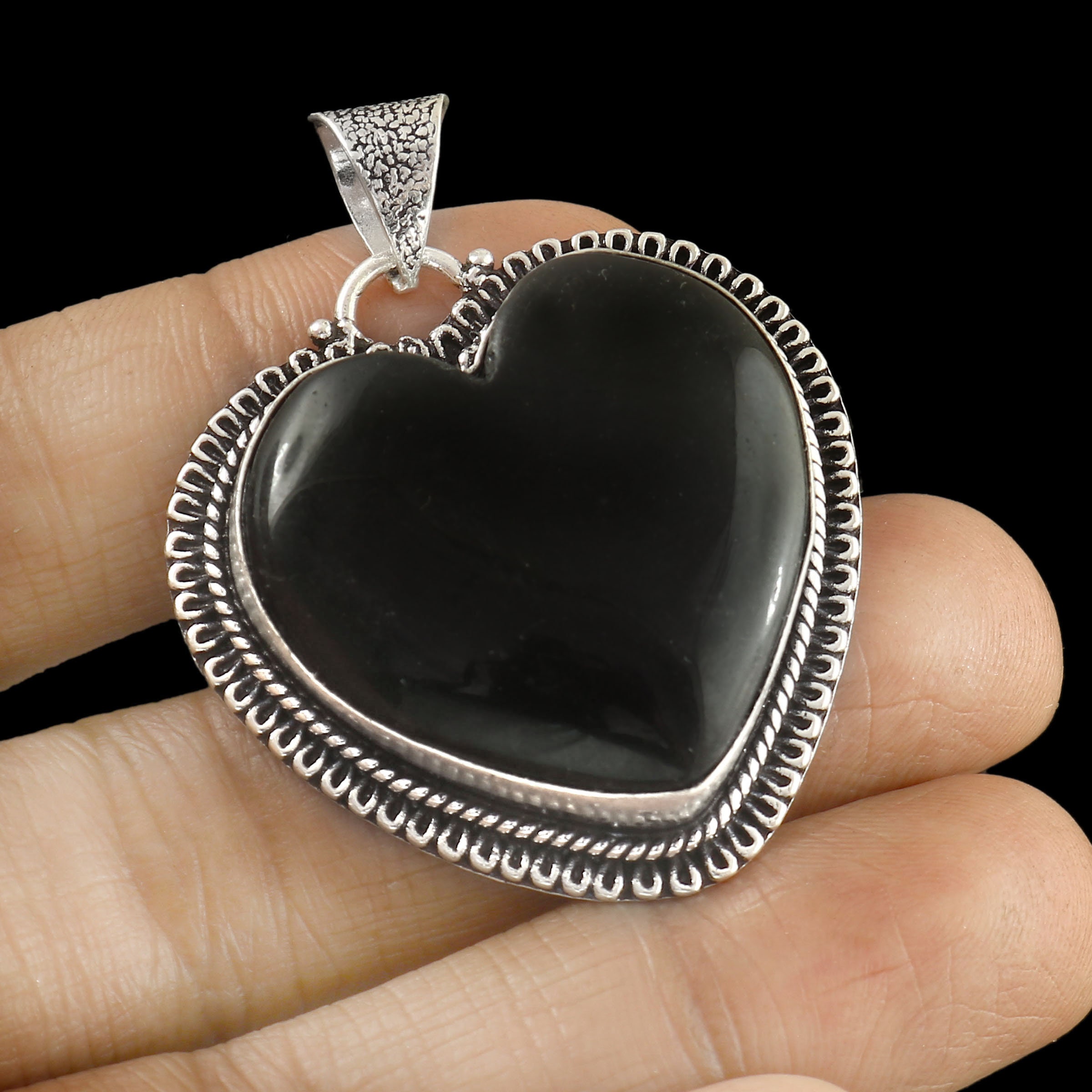 Black Onyx Pendant Onyx Heart Shape Pendant 925 Sterling Silver Pendant ...