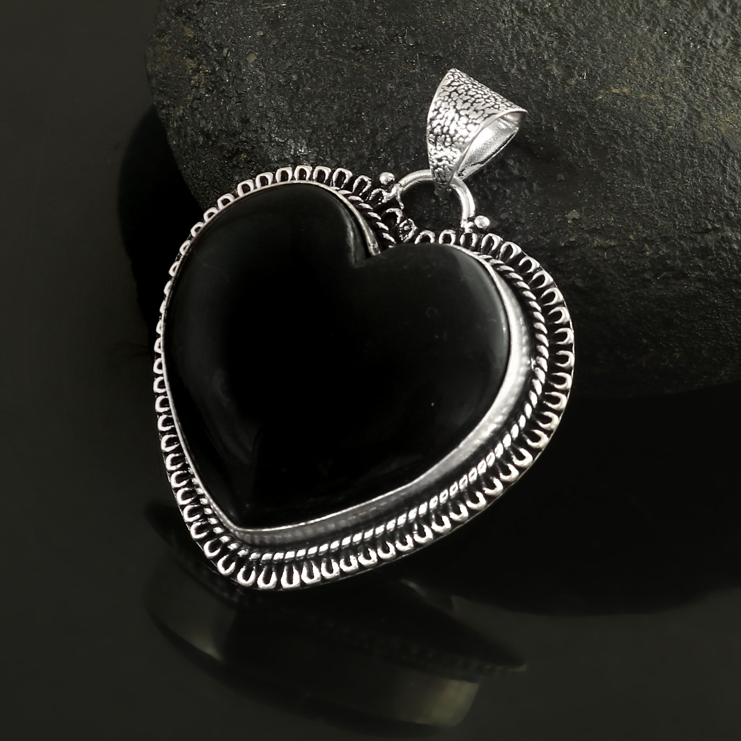 Black Onyx Pendant Onyx Heart Shape Pendant 925 Sterling Silver Pendant ...