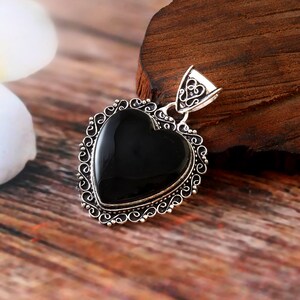 Black Onyx Pendant,onyx Heart Shape Pendant,925 Sterling Silver Pendant ...