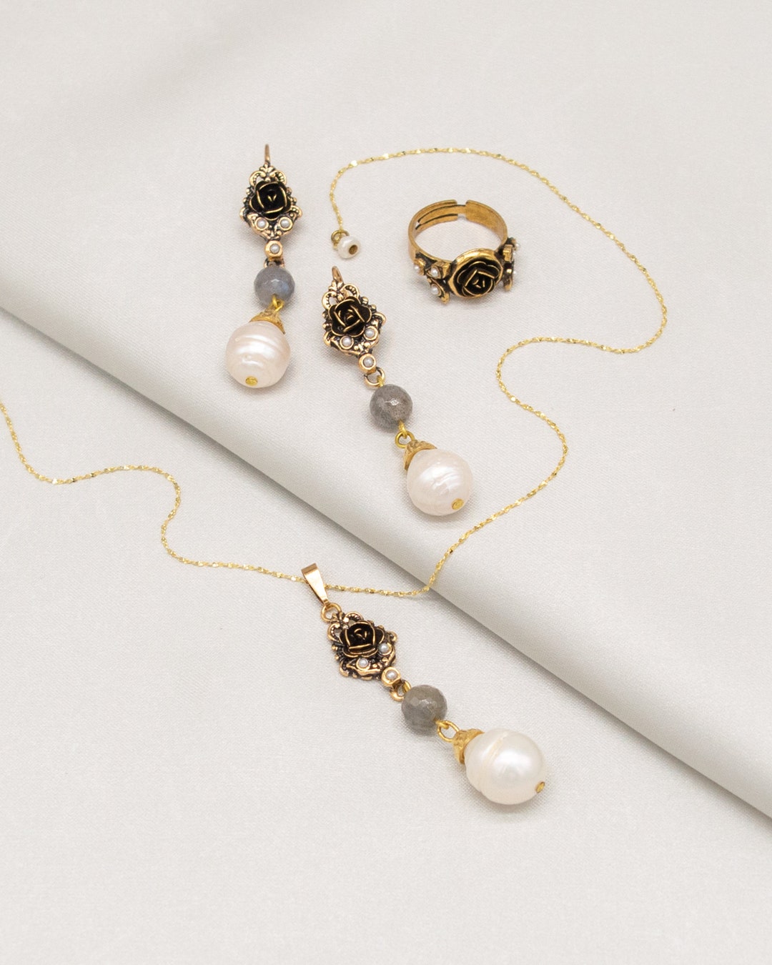 Smokey Grey Gold & Pearl Gift Set | Ortica Handmade Vintage Jewelry | Made in Italy | Pearl ...