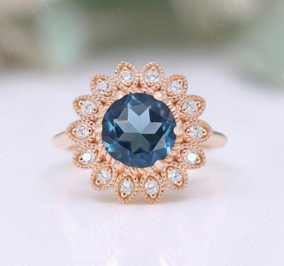 Round London Blue Topaz Gemstone 14K Rose Gold Plated Wedding Bridal ...