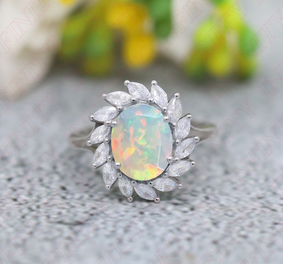 Anillo nupcial de boda de ópalo de 1,65 quilates, anillo Art Deco ...