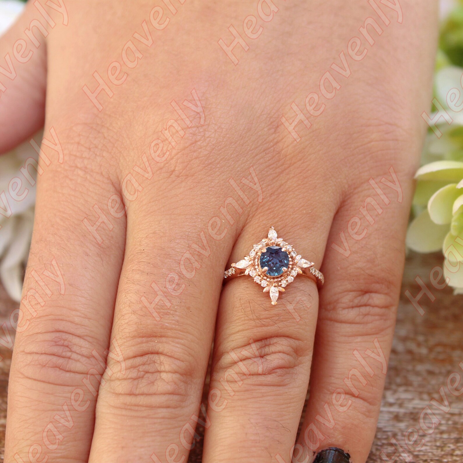 Lab Created Alexandrite Wedding Vintage Art Deco Ring, Moissanite Ring ...