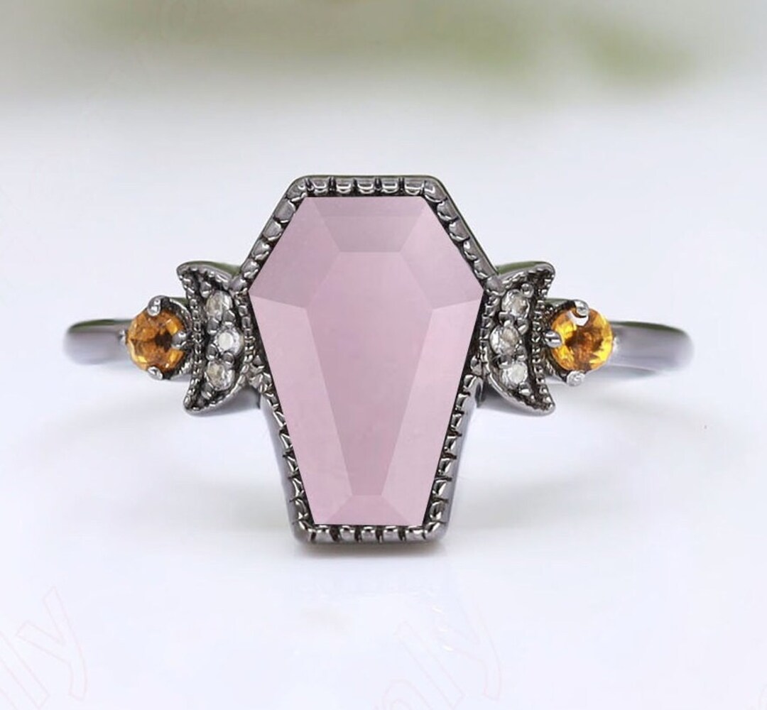Coffin Rose Quartz Gemstone Black Rhodium Plated 925 Silver Engagement ...