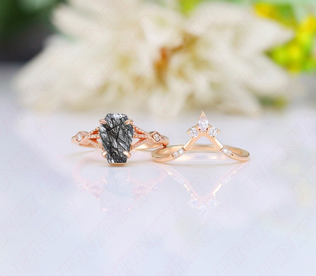 2.50ct AAA Black Rutile Gemstone 14KT Rose Gold Engagement Wedding Bridal Rings Set Birthstone ...