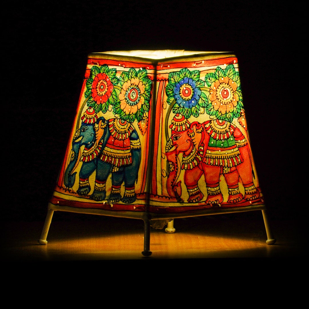 Indian Art Elephant Painted Handmade Leather Lamp / Table Lampshade ...