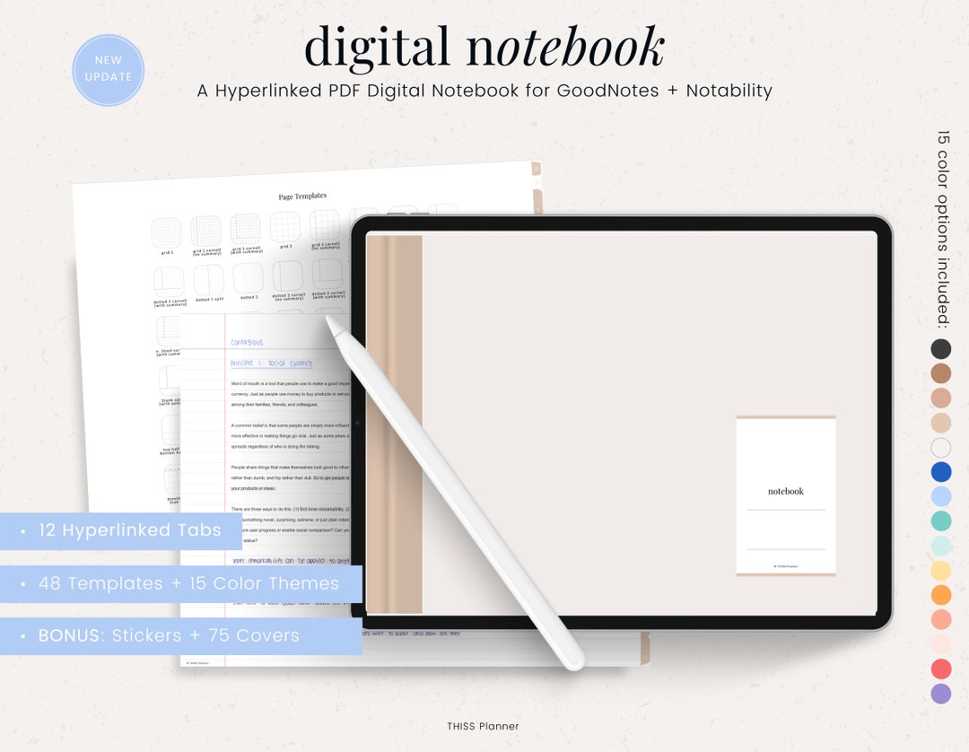 Digital Notebook for Goodnotes and Notability - 12 Hyperlinked Tabs ...
