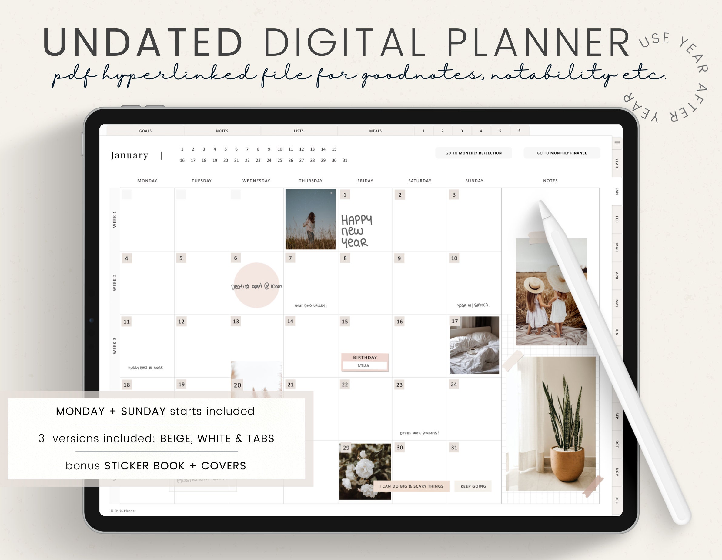 Paper Digital Planner UNDATED Planner with hyperlinks Daily Planner ...