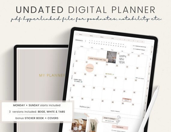 Paper Digital Planner UNDATED Planner with hyperlinks Daily Planner ...